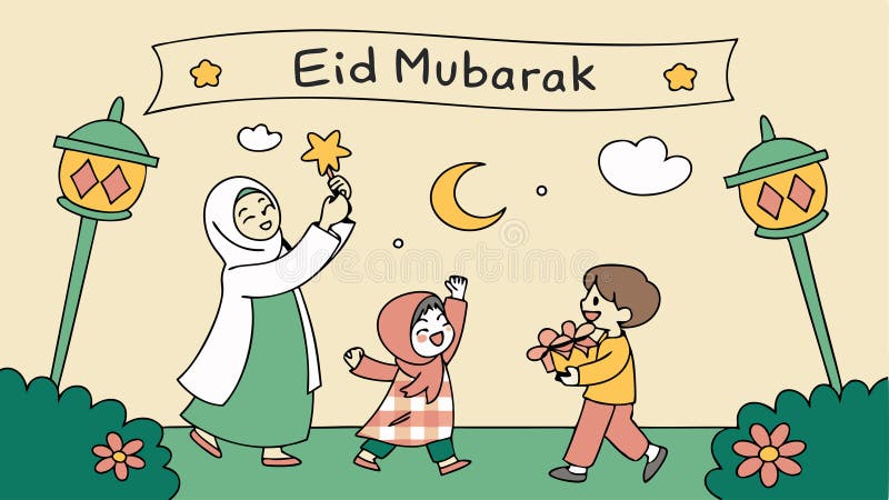 Eid Mubarak Celebration Family Gathering Under Crescent Moon Banner ...