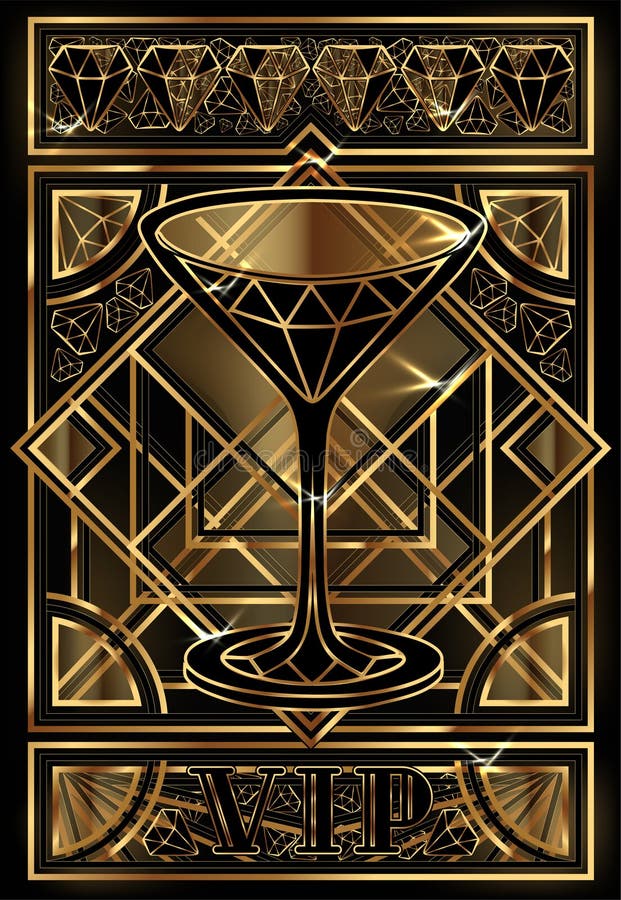 Golden Vip Card Wine Glass in Art Deco Style, Vector Stock Vector ...
