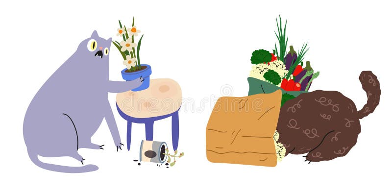 Cute Funny Cats Set. Cartoon Cat Characters Left Unattended Make a Mess ...