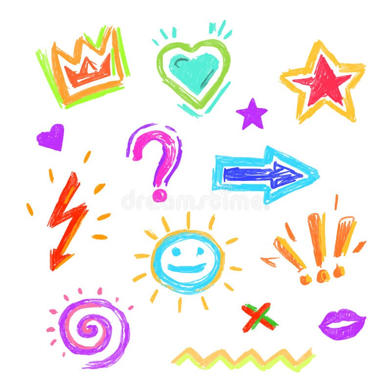 Doodle Modern Design Element. Color Pencil Art. Heart, Arrow, Star ...