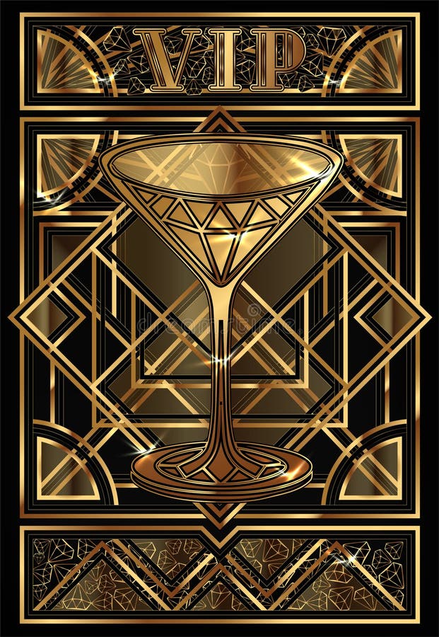 Golden Vip Invitation Card Wine Glass in Art Deco Style, Vector Stock ...