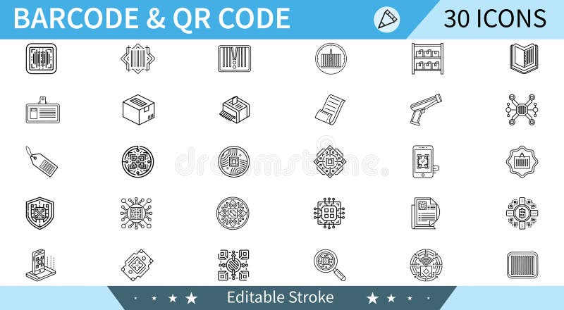 Barcode and QR Code Icons 30 Editable Stroke Designs Stock Illustration ...