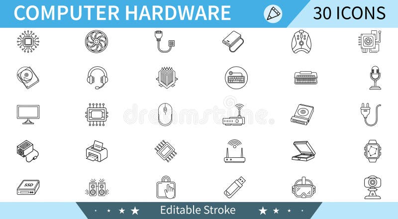 Computer Hardware Icons 30 Editable Line Illustrations of PC Components ...