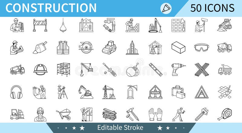 Construction Icons 50 Editable Stroke Line Drawings of Tools, Workers ...