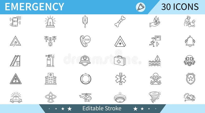 Emergency Icons 30 Editable Stroke Line Symbols Set Stock Illustration ...