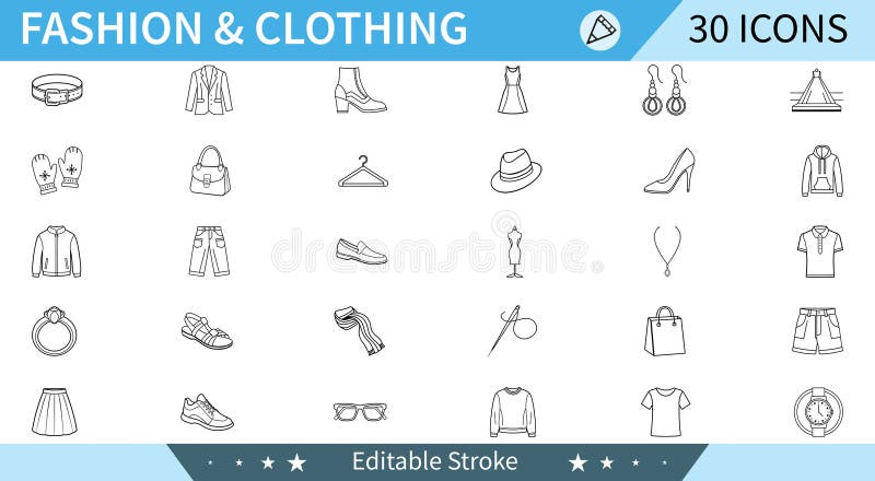 Fashion Clothing Icons Apparel, Accessories, and Editable Stroke Stock ...