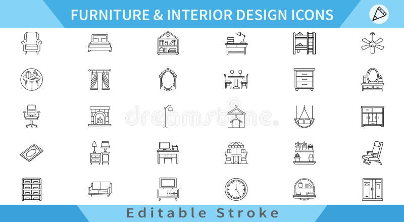 Editable Furniture and Interior Design Icons Home Decor Elements Stock ...