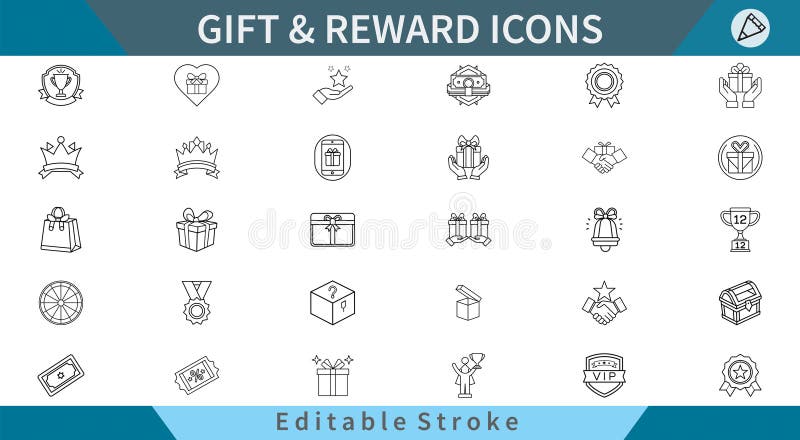 Gift Reward Icons Editable Stroke Vector Illustrations Set Stock ...