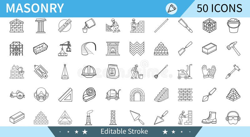 Masonry Construction Icons Bricks, Tools, Workers, and Building Stock ...