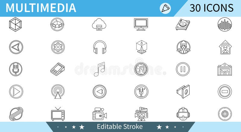 Multimedia Icons 30 Editable Line Art Symbols for Design Stock ...