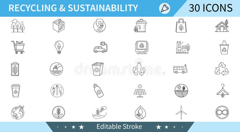 Thirty Recycling and Sustainability Icons Eco Friendly Editable Line ...