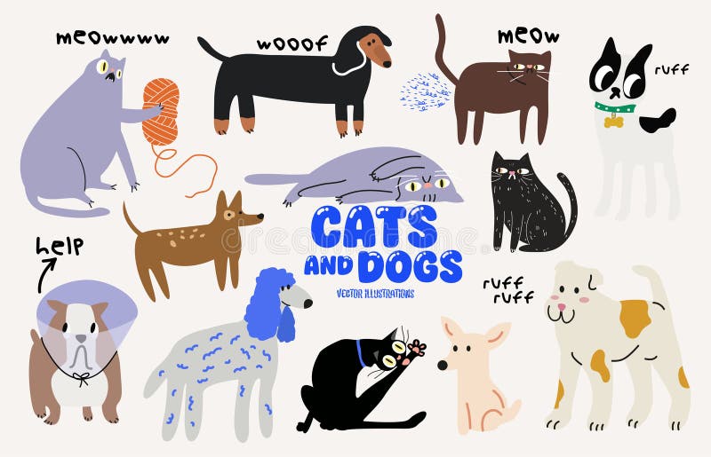 Cartoon Pets Character Collection in Various Poses. Different Funny ...