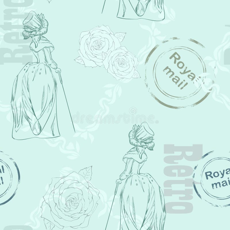 Pattern with Lady and Flowers. Retro Drawing, Soft Tender Colors, Text ...