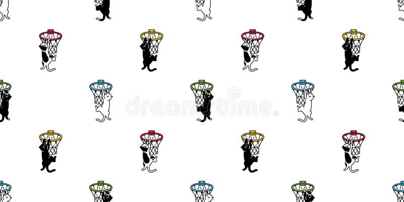 Cat Seamless Pattern Basketball Hoop Kitten Calico Sport Cartoon Dunk ...