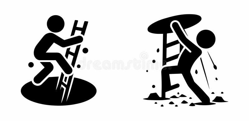 Man Climbs into Hole on Ladder, Simple Icon Set, Isolated Silhouette ...