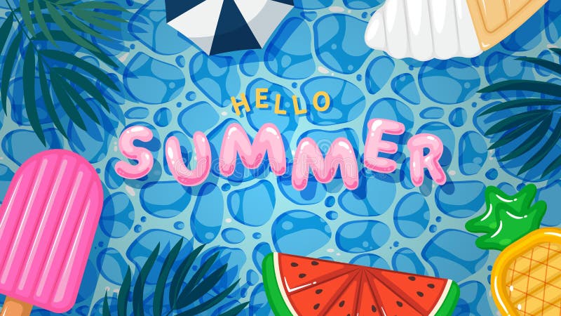 Top View Pool Decorated with Cute Inflatables and Leaves and Text Hello ...