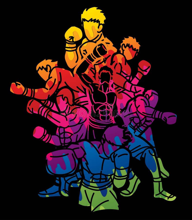 Group of Boxer Boxing Sport Kickboxing Muay Thai Mix Action Cartoon ...