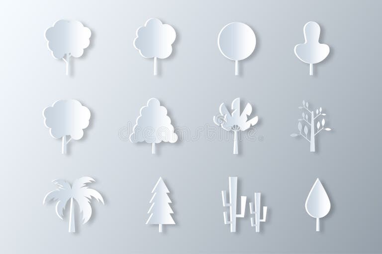 Set of White Tree Icons Made in Papercut Style with Shadows and ...