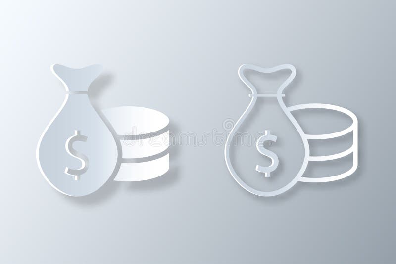 Money Sack and Stack of Coins Icon Made in White Paper Cut Effect Style ...