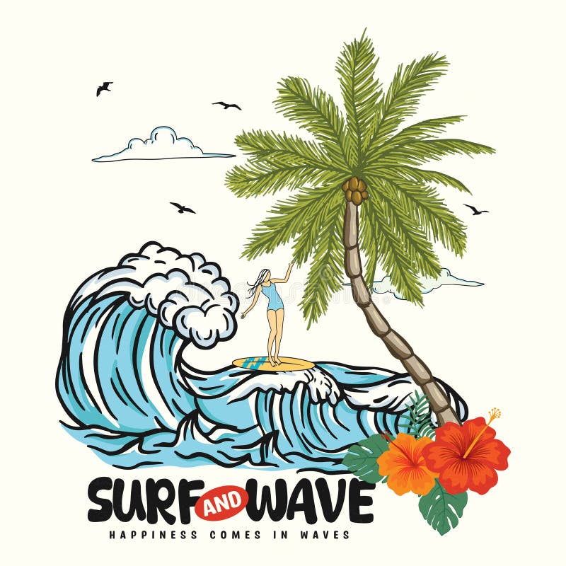 Surfing Girl stock illustration. Illustration of line - 374182405