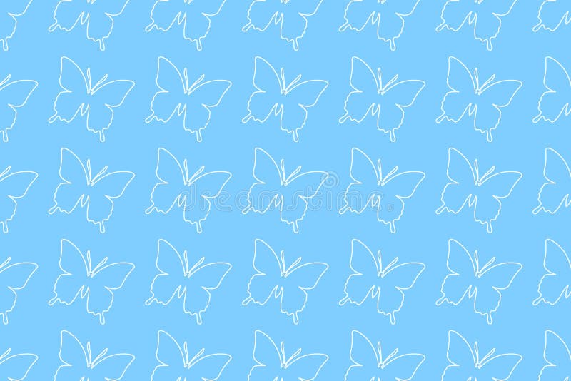 Seamless Pattern of Flying Butterflies in White Outline with Light Blue ...
