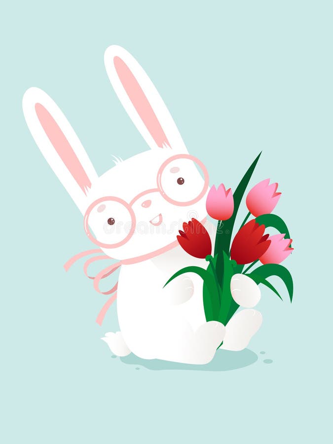 White Rabbit with Spring Flower. Cute Kids Book Illustration. Spring ...