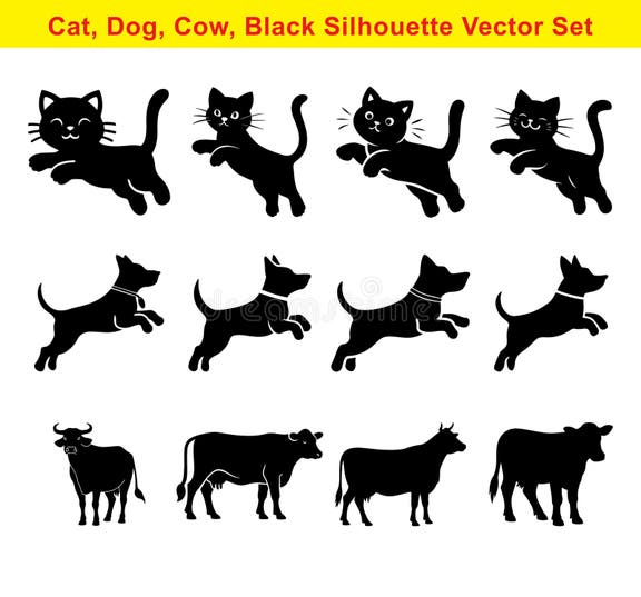 Animal Silhouette Icons – Minimalist Cat, Dog & Cow Vector Set for Farm ...