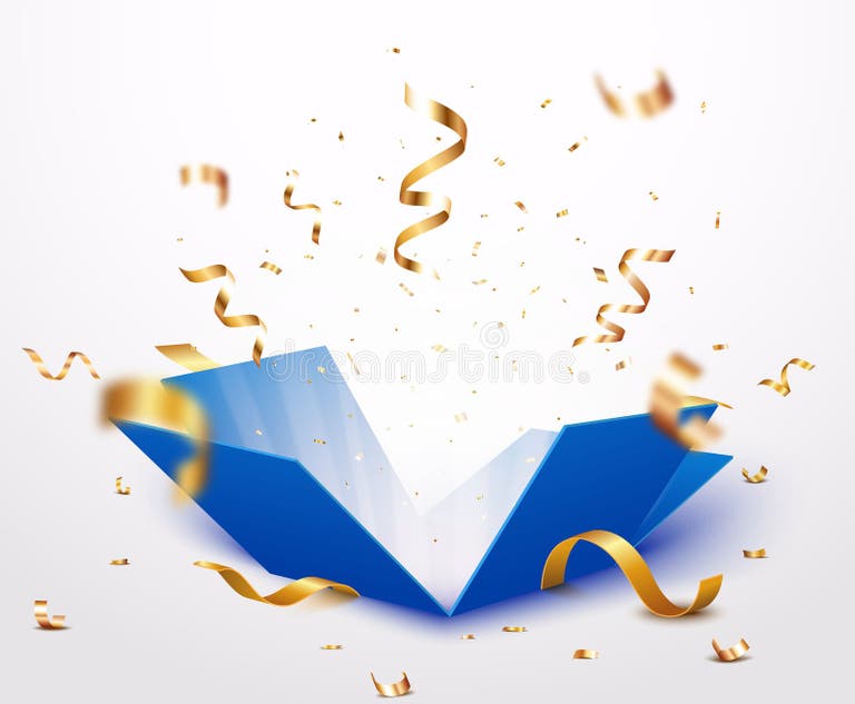 Open Blue Gift Box with Falling Gold Confetti. Present Box for Birthday ...