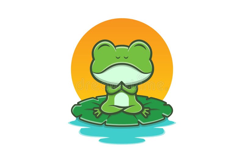Cartoon Frog Meditating on Lily Pad with Sunset Background – Vector ...