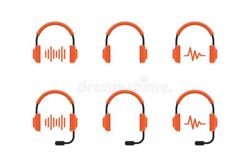 Set of Orange Headphones and Headsets with Sound Wave Icons – Flat ...