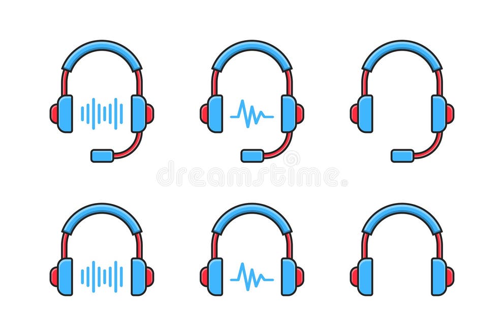 Set of Cartoon Blue and Red Headphones and Headsets with Sound Wave ...