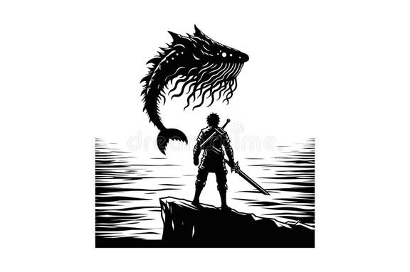 Warrior on Cliff Facing Leviathan in Distance, Mythical Ocean Beast ...