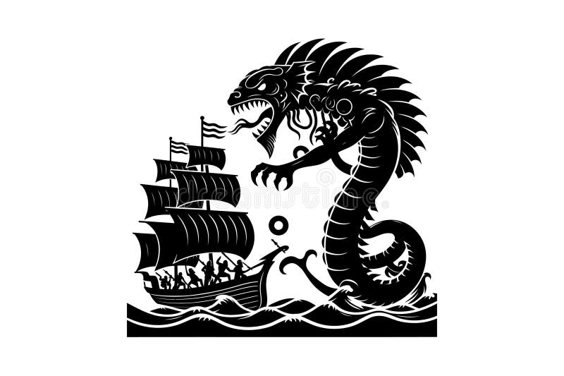 Powerful Leviathan Attacking Classical Warship, Greek Trireme Versus ...