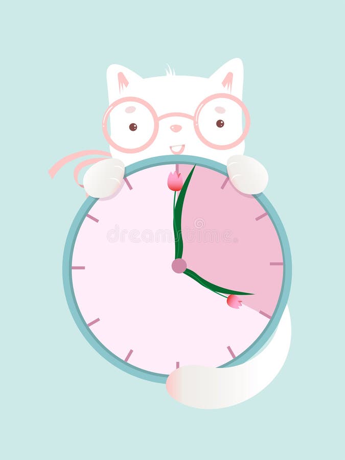Spring Time. Cute White Kitty with Clock and Flower Clock Hands. Spring ...
