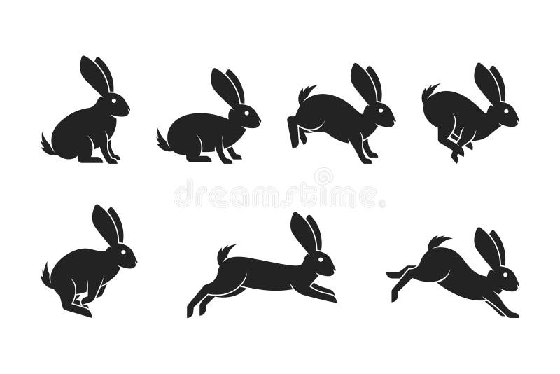 Rabbit Movement Silhouette – Black Vector Set of Bunny Poses Stock ...