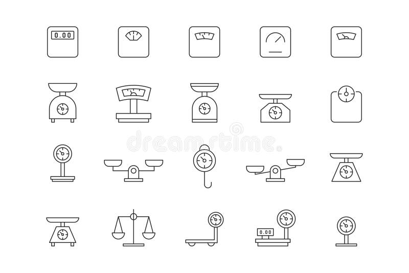 A Collection of 20 Outline Icons Representing Various Types of Weighing ...