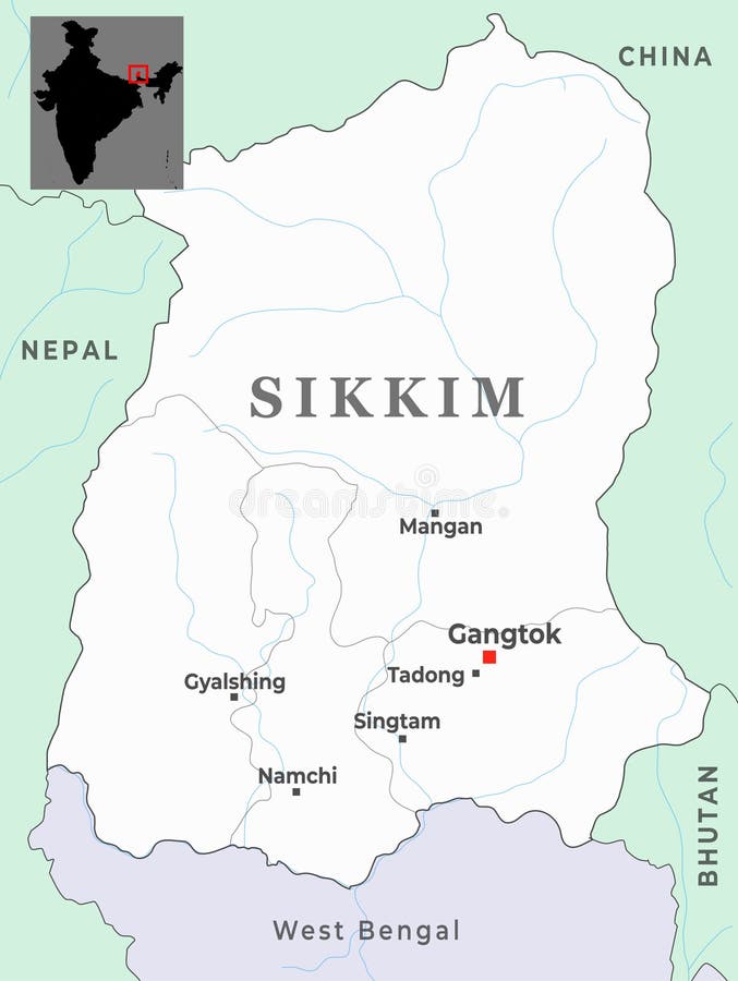 Detailed Political Map of Sikkim, India with Gangtok, District Borders, and Neighboring ...