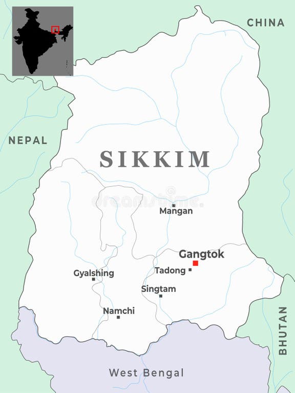 Detailed Political Map of Sikkim, India with Gangtok, District Borders ...