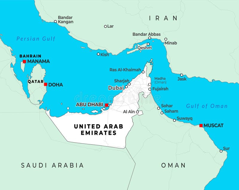 United Arab Emirates Map with Capital Abu Dhabi Stock Illustration ...