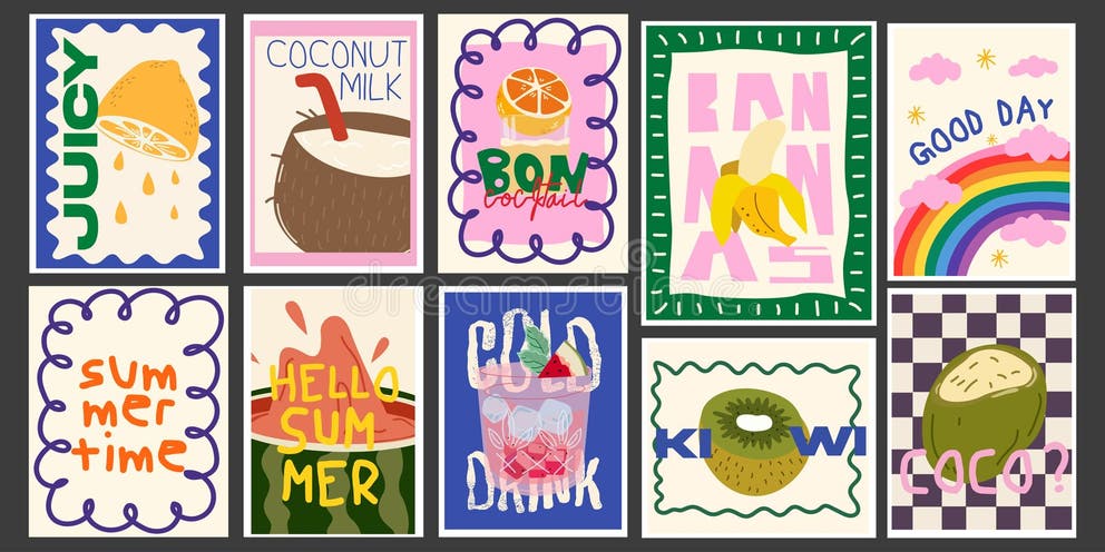 Abstract Bright Posters in Retro Cartoon Style. Decor for Wallpaper ...