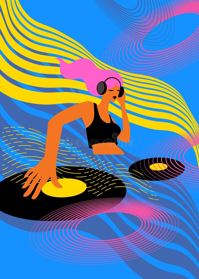 DJ Woman Spinning Tunes at a Club Party, Vector Illustration, Music ...