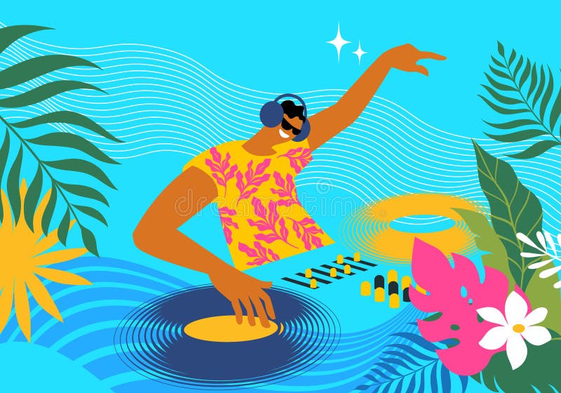 DJ Spinning Tunes, Vector Illustration, Summer Music Party Poster ...