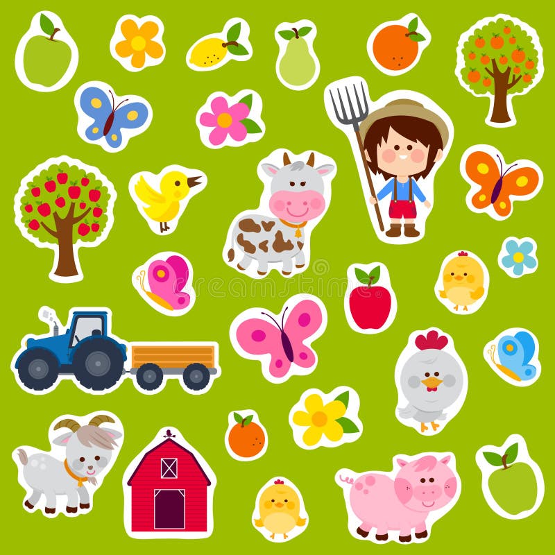 Farmer and Cartoon Farm Animals. Happy Child at the Farm Working in the ...
