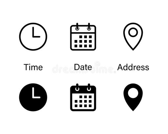 Date, Time, Location Address Icon Set. Clock, Calendar, Location Pin ...