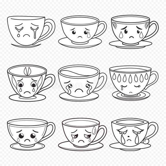 Minimal Line Drawing of a Sad Crying Teacup with Emotional Expression ...