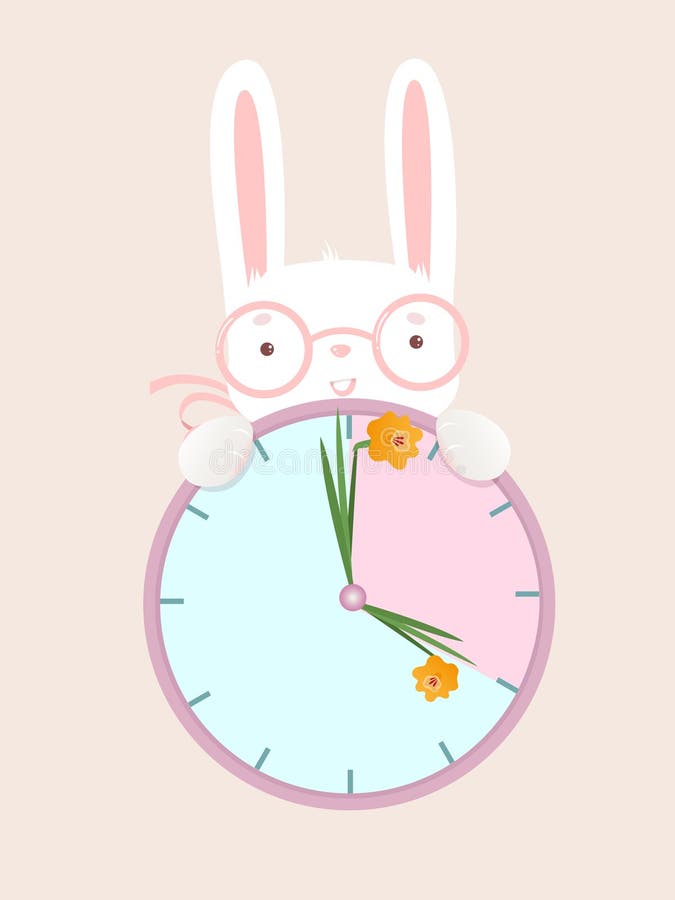 Spring Time. Cute White Rabbit with Clock and Flower Clock Hands ...