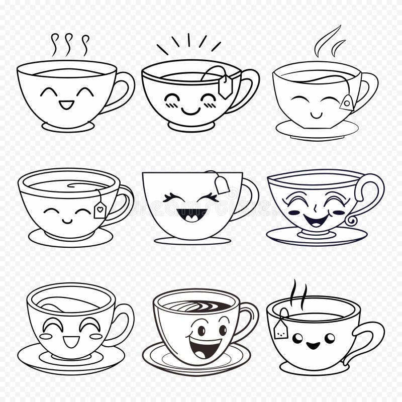 Set of Cute and Funny Cartoon Tea Cup Characters with Smiling Faces in ...