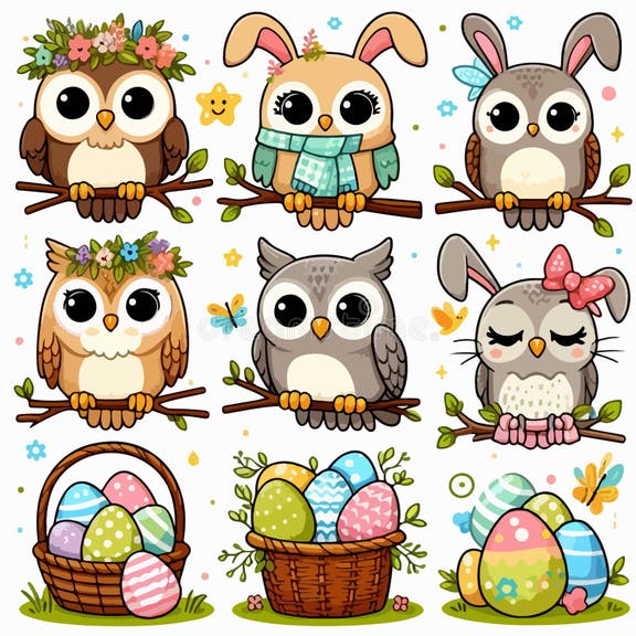 Cartoon Vector Collection of Easter and Spring Themed Owls with ...