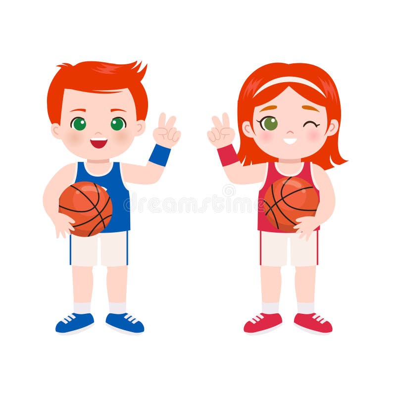 Cute Boy and Girl Basketball Team with Victory Pose Stock Illustration ...