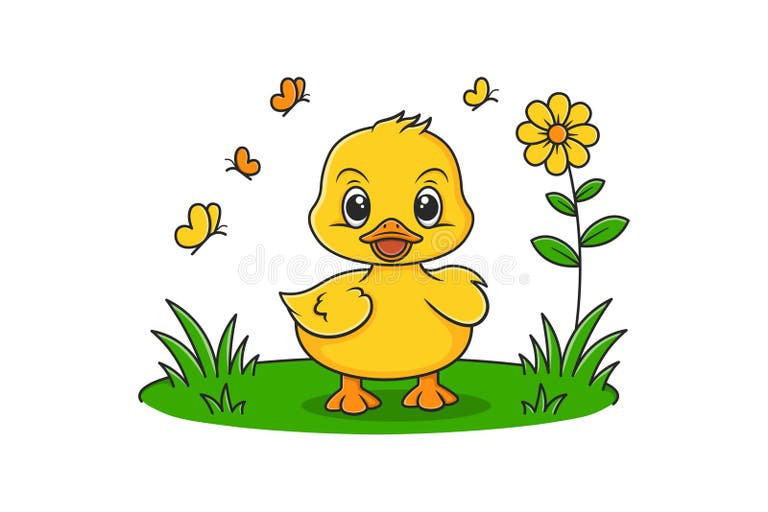 Cute Cartoon Duck in Garden with Butterflies and Flowers Stock Vector ...
